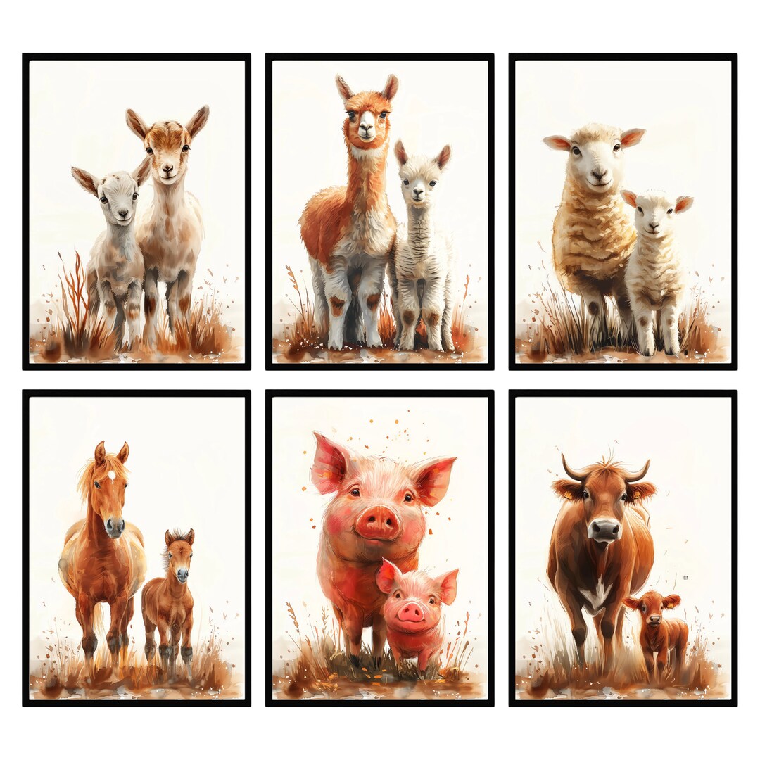 Printable Mom and Baby Farm Animals PNG Set of 6 Nursery Wall Art Pig ...
