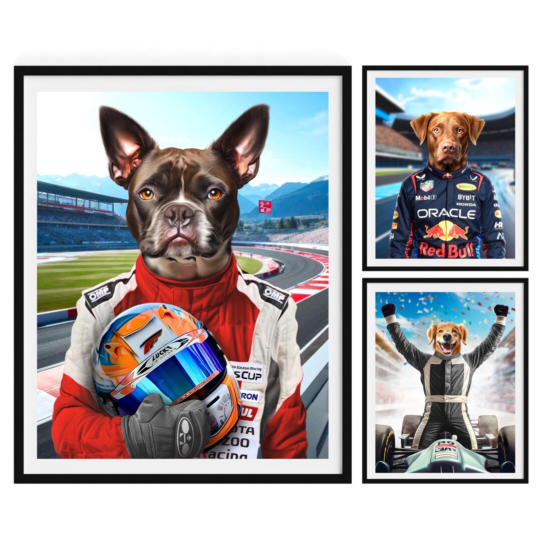 Race Car Driver Pet Portrait, Custom Dog Portrait in Racing Jacket, Cat ...