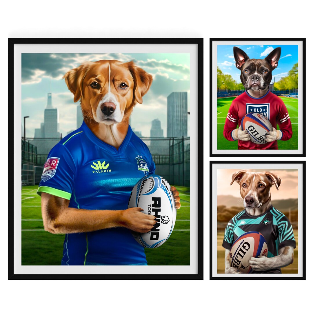 Custom Rugby Player Dog Portrait From Photo Pet Painting Funny Dog Dad ...