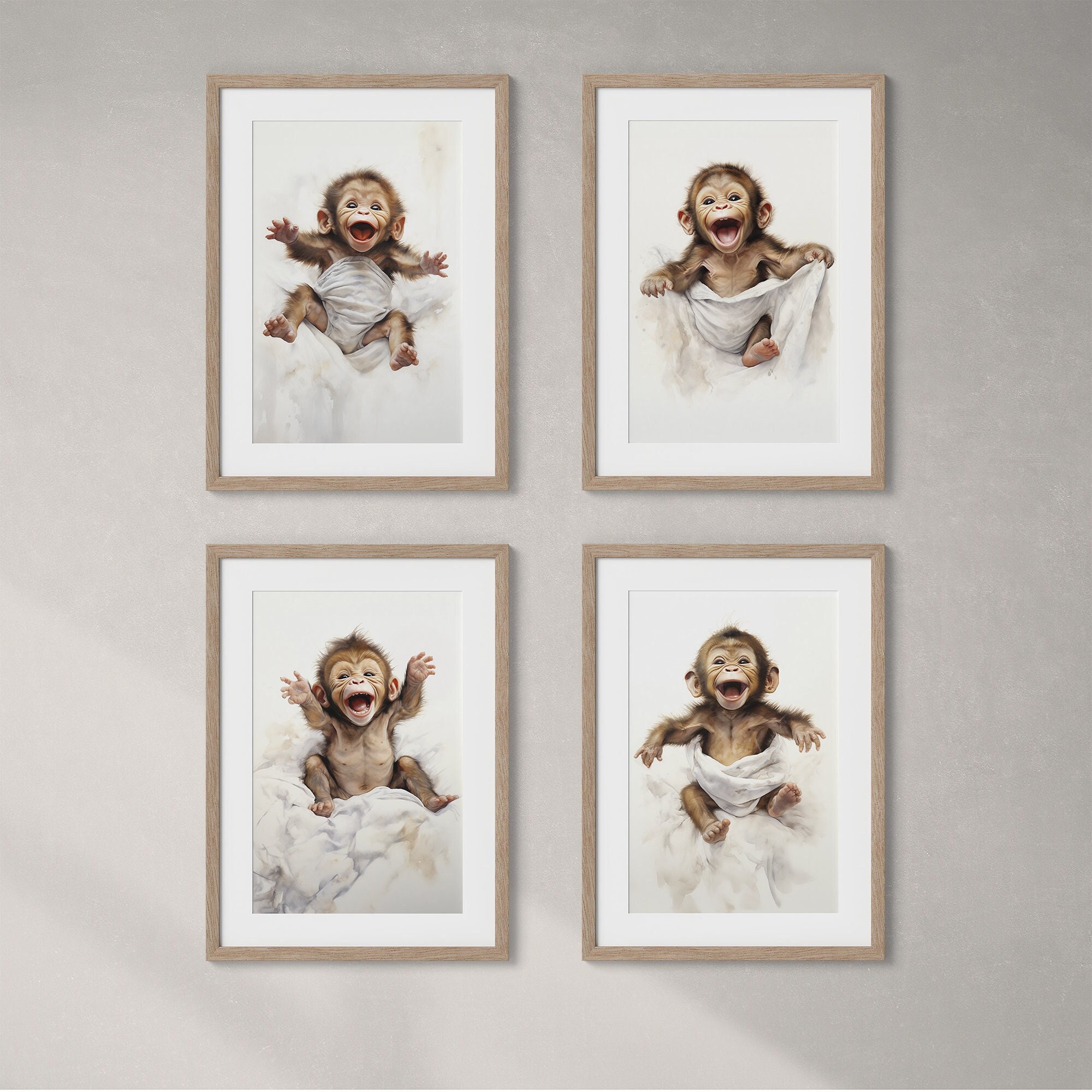 Printable Baby Monkey Wall Art Set of 4 Forest Animal Prints Cute ...