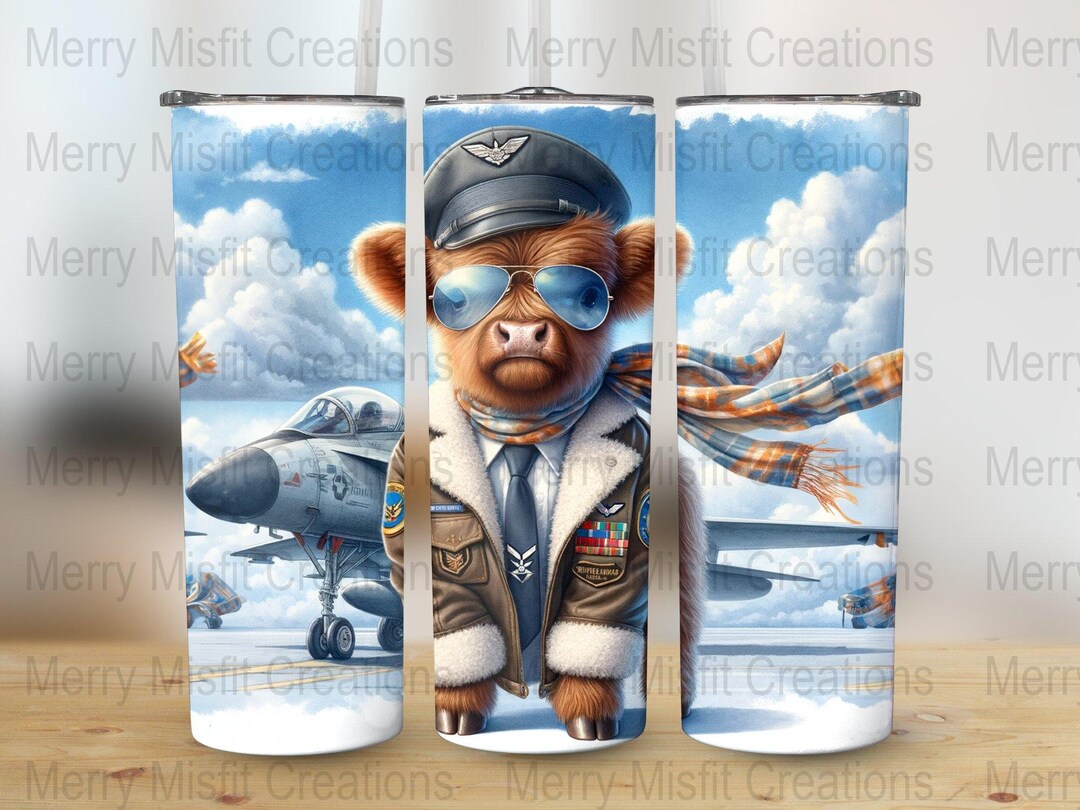 Highland Cow Pilot Tumbler Design, Air Force Theme Sublimation Graphic ...