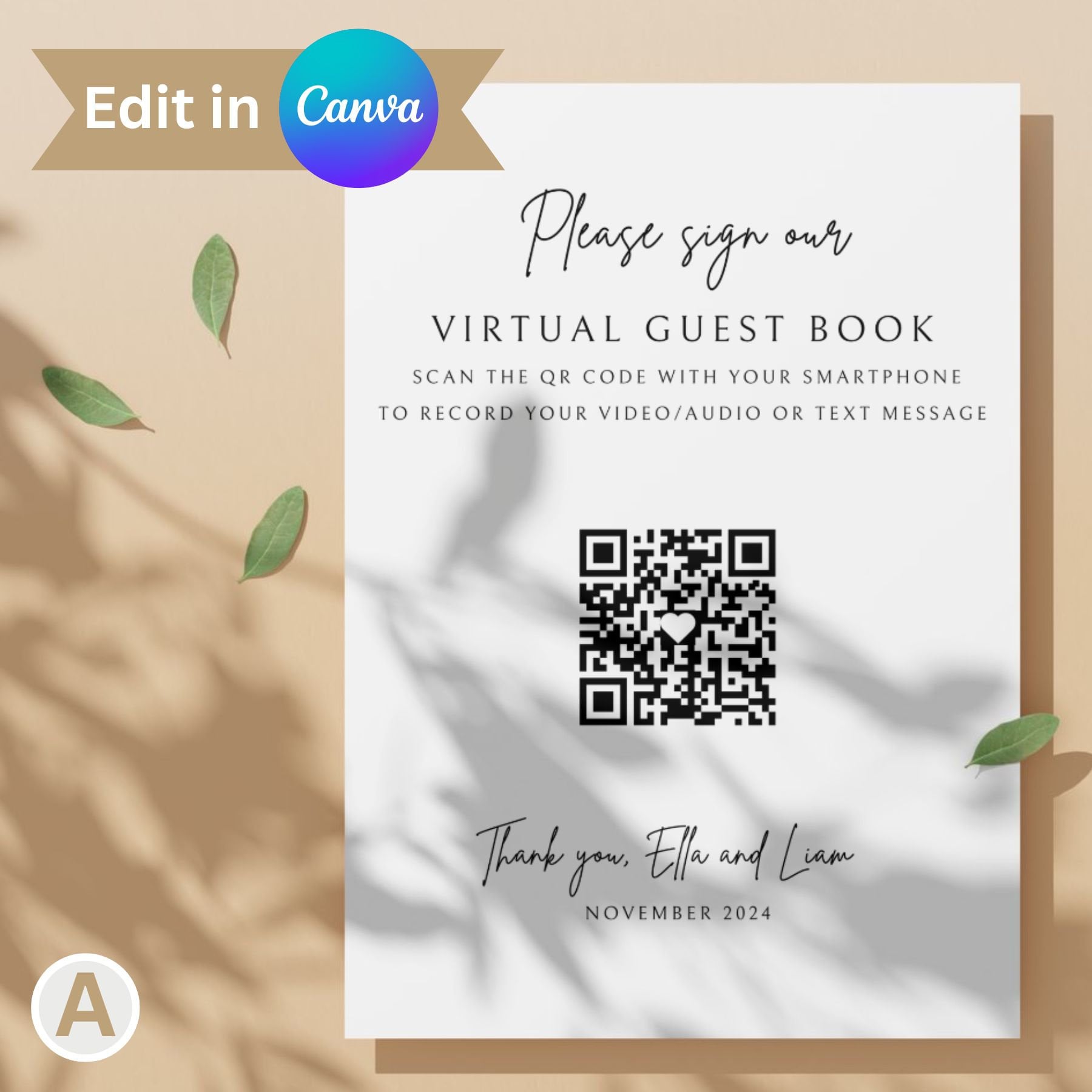 Virtual Wedding Guest Book Template | Digital Download Editable ...