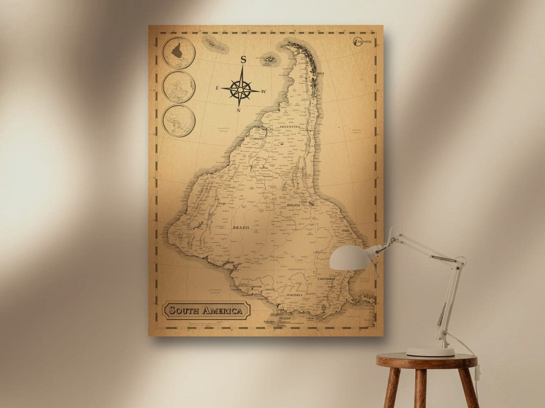 Poster Old Vintage Inverted Map of South America - South-up Orientation ...