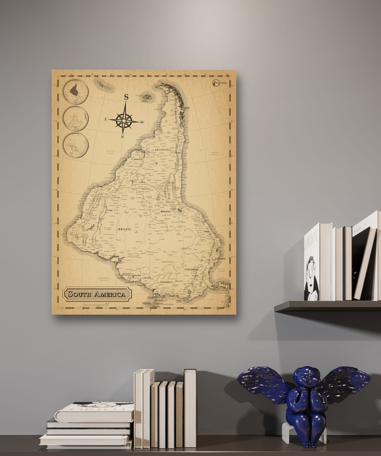 Poster Old Vintage Inverted Map of South America South-up Orientation ...