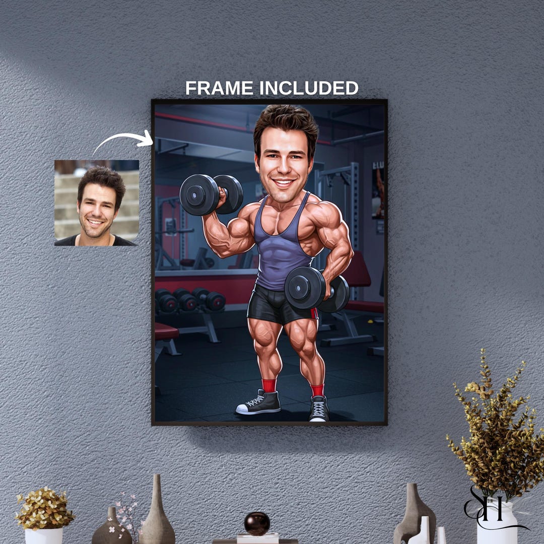 Framed Bodybuilder Caricature Drawing From Photo: Personalized Cartoon ...