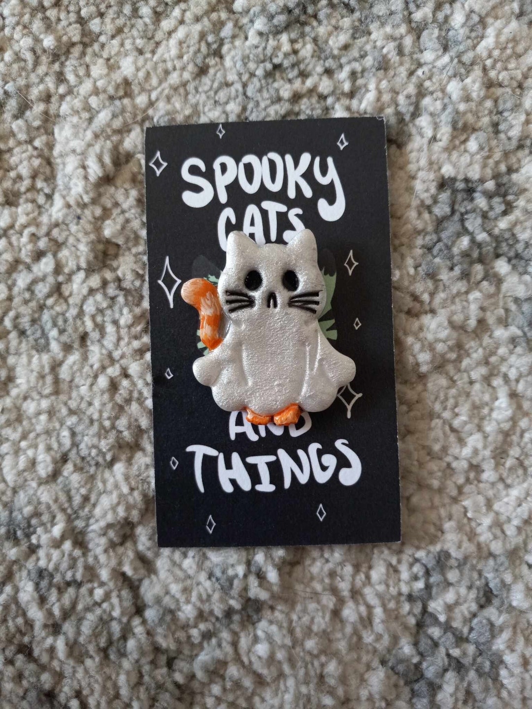 Ghost Cat Clay Pin - Spooky - Halloween - Orange - Grey - Black ...