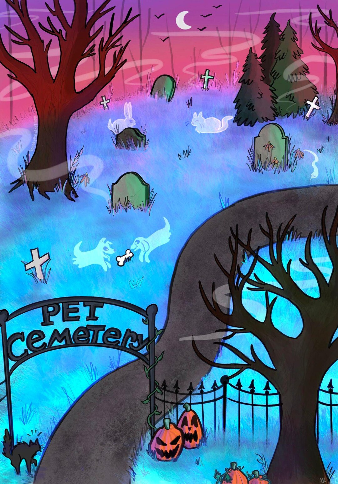 Pet Cemetery Art Print - Cute and Creepy - Spooky - Ghost Cat - Dog ...