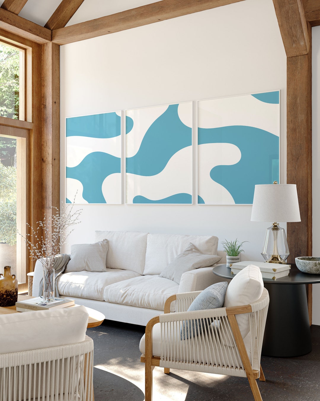 Set of 3 Prints Tryptic, Blue Blob Wave Pattern Poster, Minimalist Calm ...