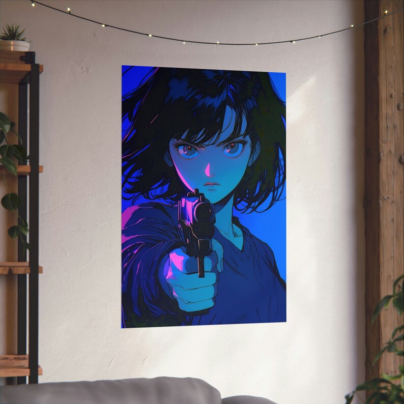 Anime Girl Pointing Gun Poster, Vintage 1990s Art Style, Anime Gift for ...