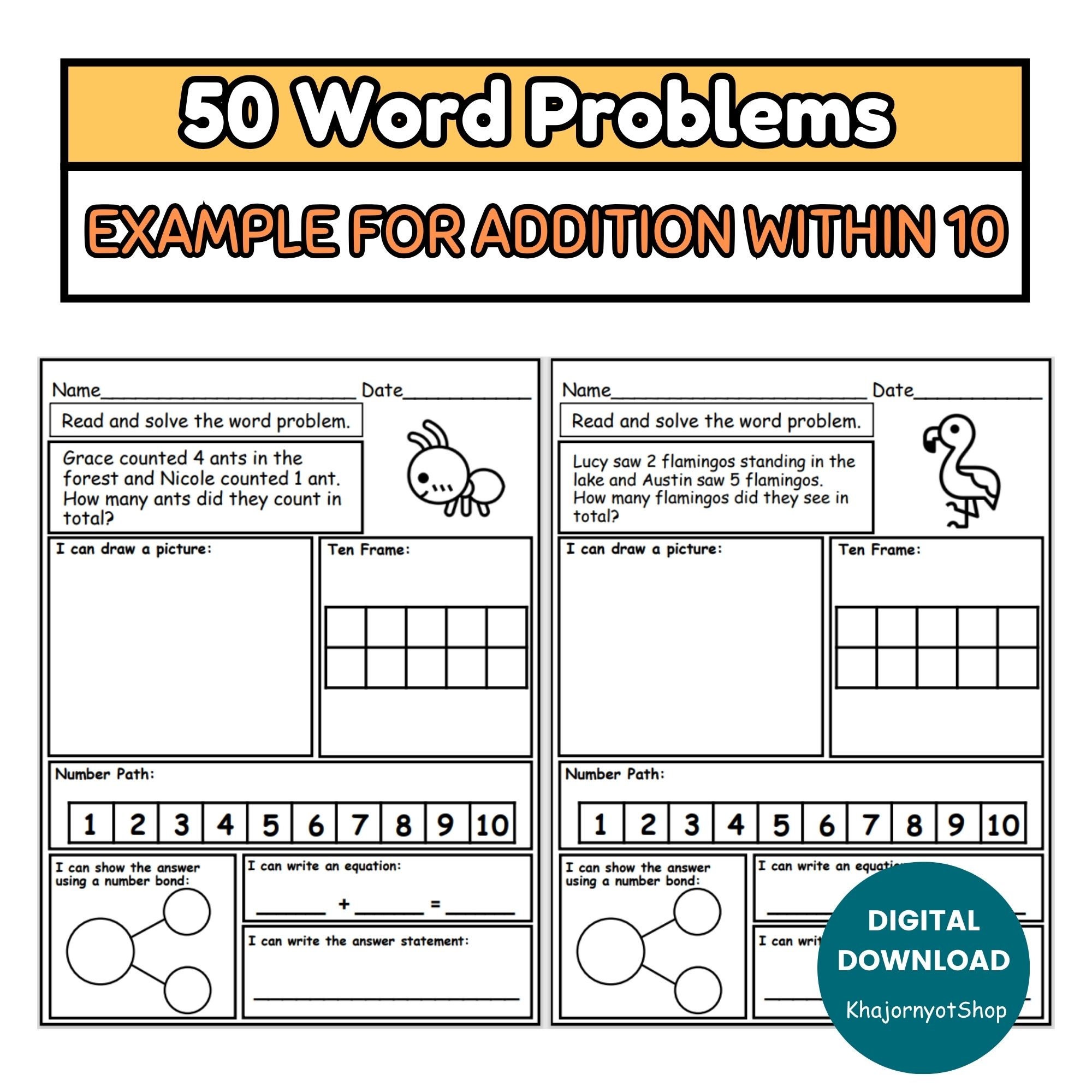 50 Kindergarten Addition Word Problems Worksheets Within 10, Homeschool ...