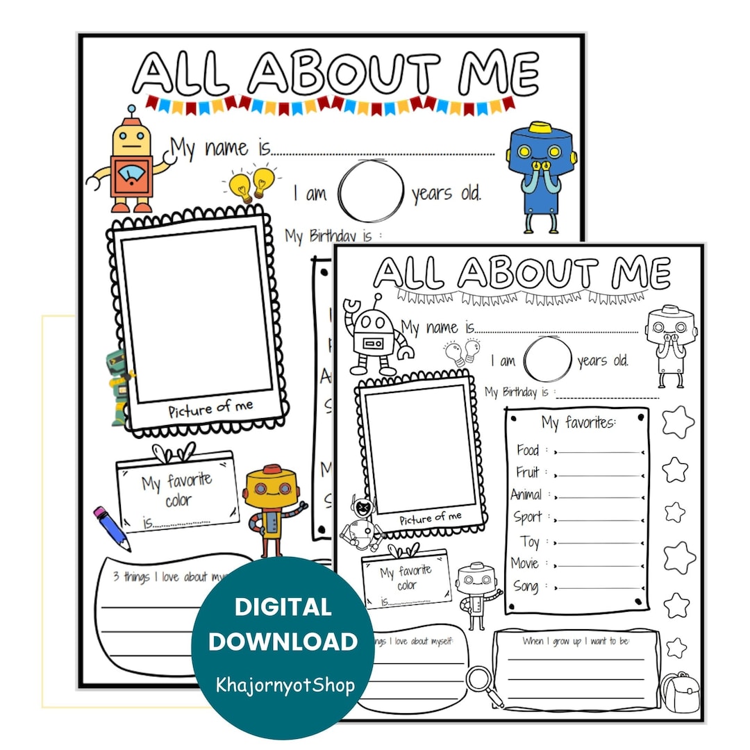 All About Me Robot Themed Boy Printable Activity, Preschool 1st First ...