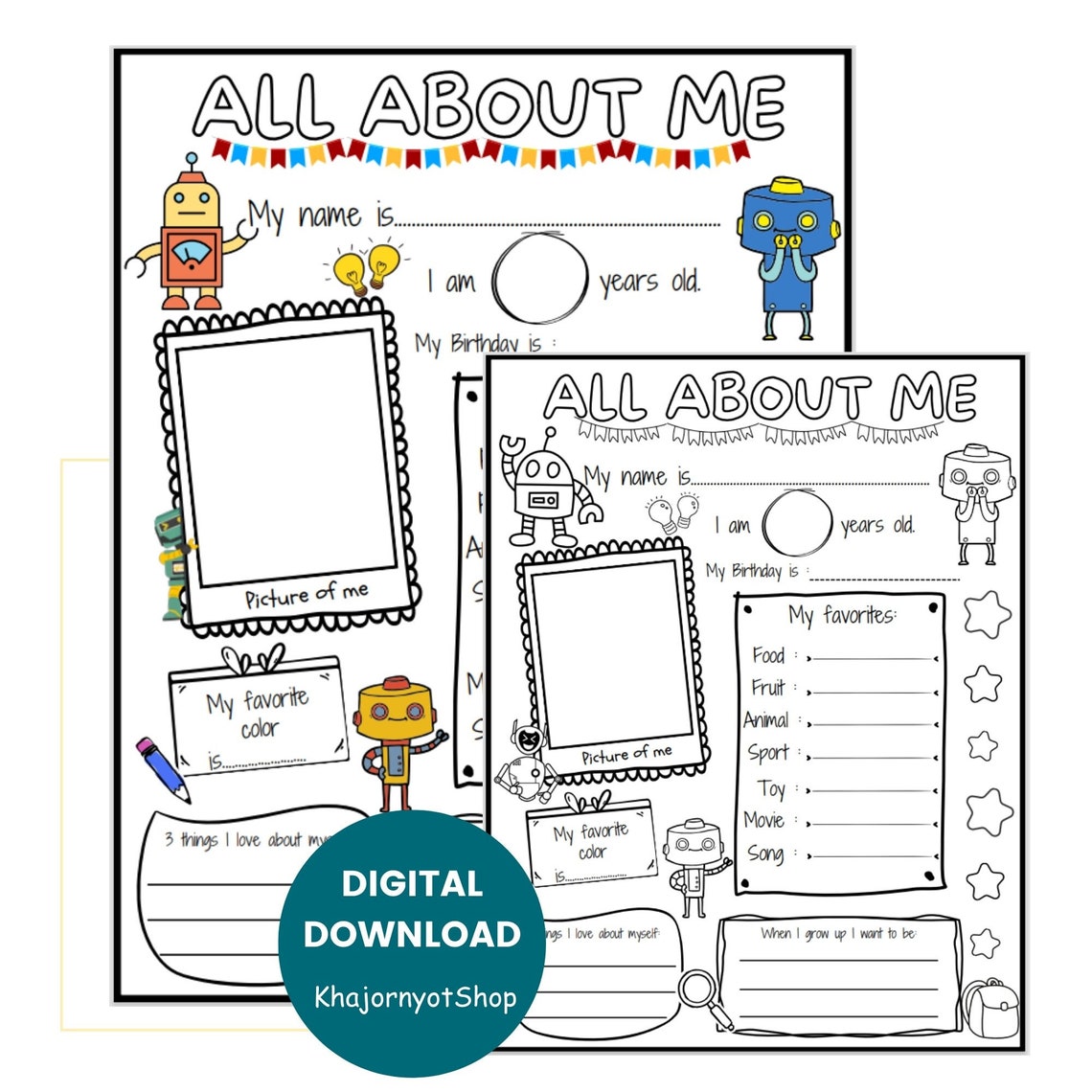 All About Me Robot Themed Boy Printable Activity, Preschool 1st First ...