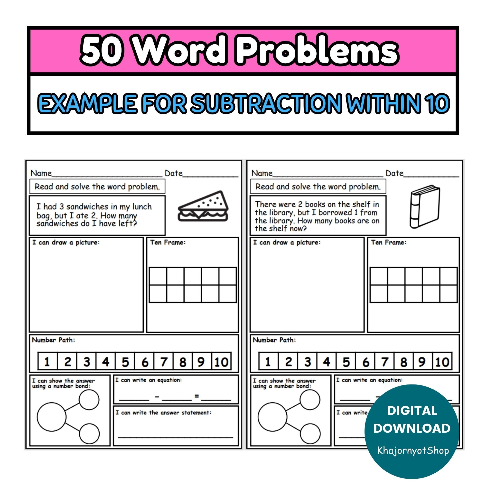 50 Kindergarten Addition and Substraction Word Problems Worksheets ...