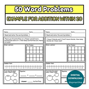 50 Kindergarten Addition Word Problems Worksheets Within 20, Homeschool ...