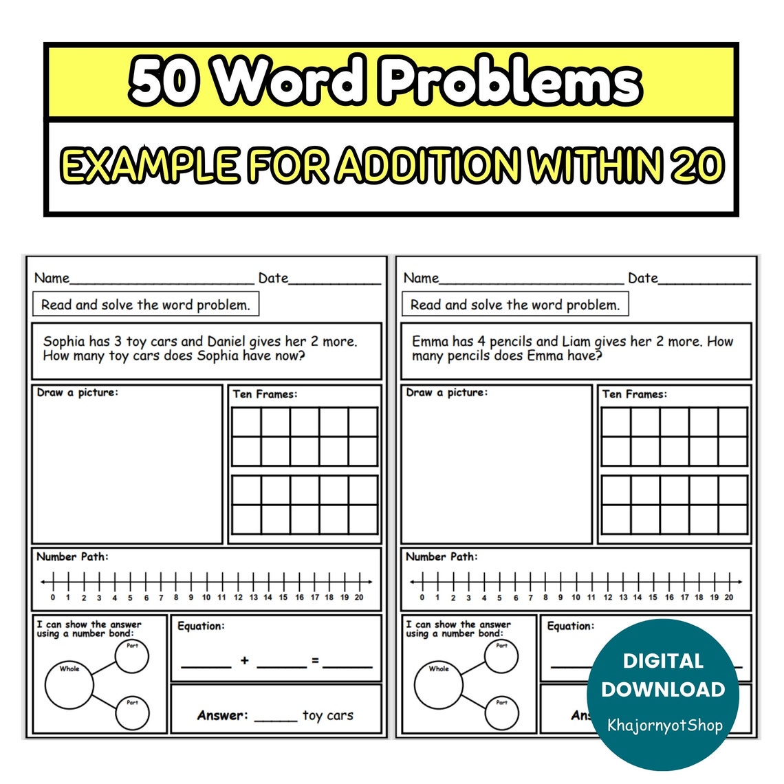 50 Kindergarten Addition Word Problems Worksheets Within 20, Homeschool ...