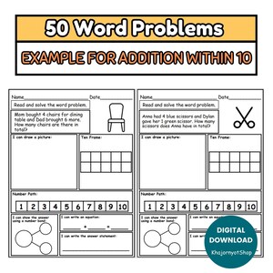 50 Kindergarten Addition Word Problems Worksheets Within 10, Homeschool ...