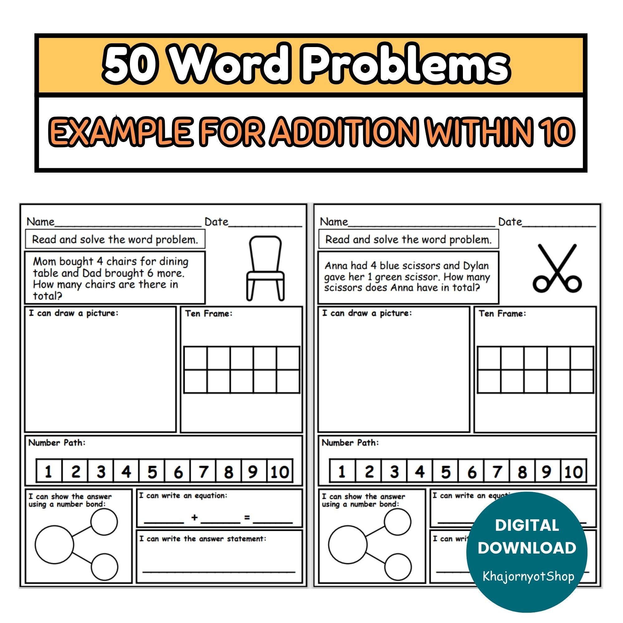 50 Kindergarten Addition Word Problems Worksheets Within 10, Homeschool ...