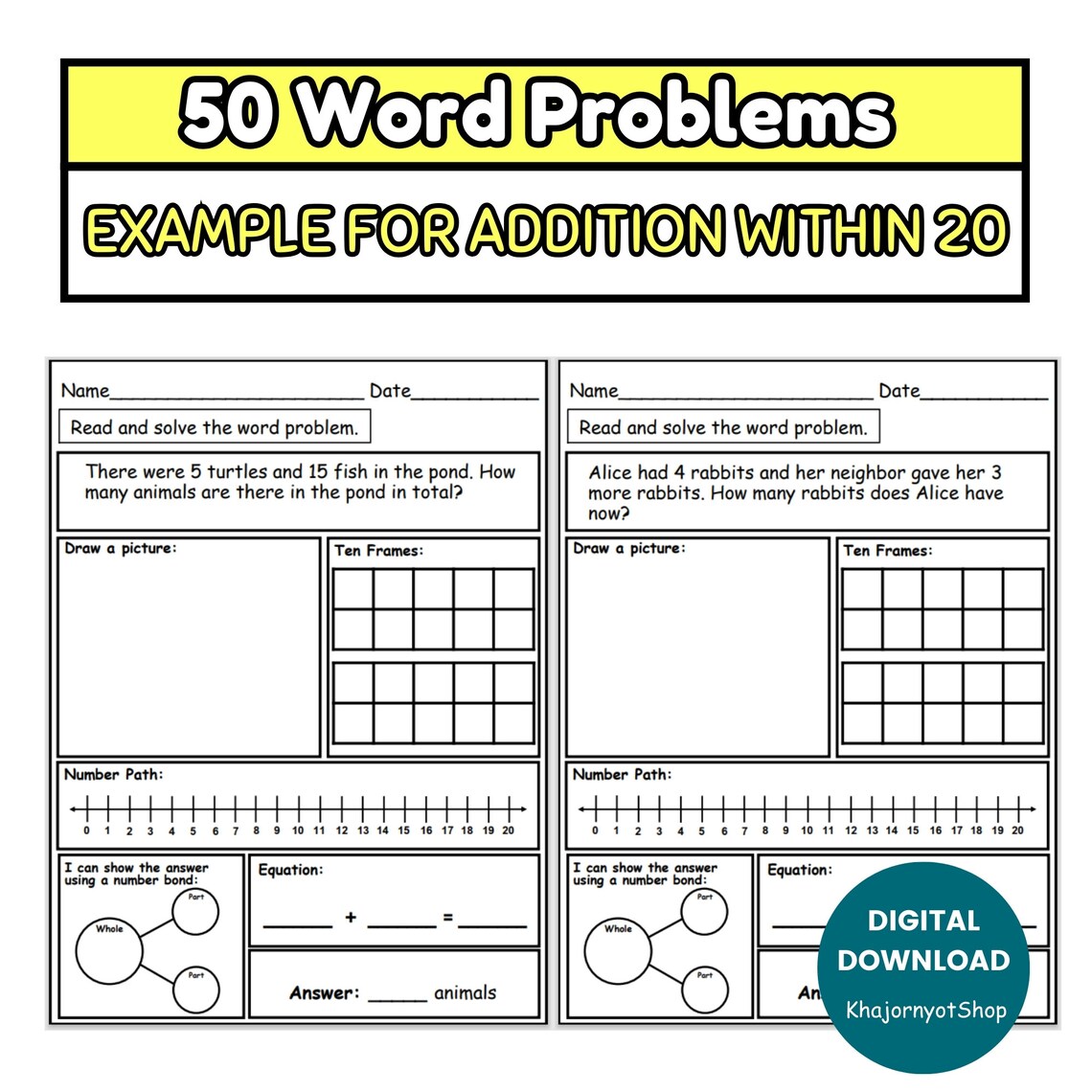 50 Kindergarten Addition Word Problems Worksheets Within 20, Homeschool ...