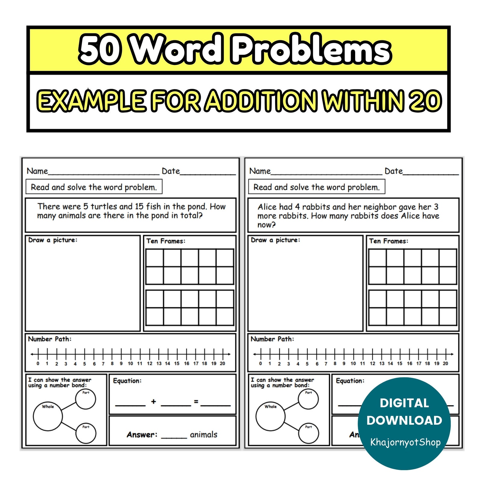 50 Kindergarten Addition Word Problems Worksheets Within 20, Homeschool ...