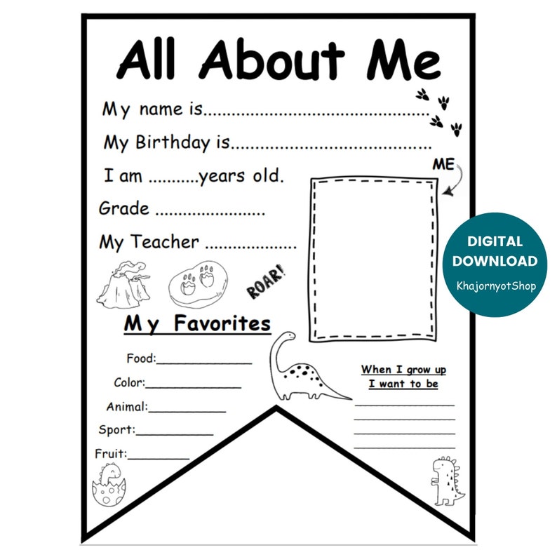 All About Me Dinosaur Themed Pennant Printable Activity, Preschool 1st ...