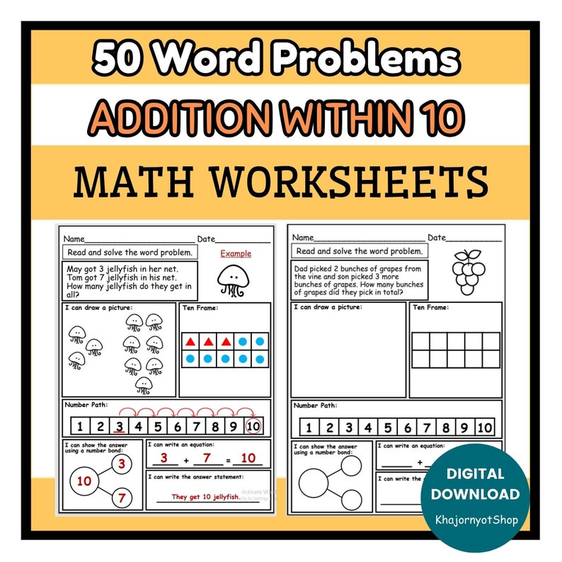 50 Kindergarten Addition Word Problems Worksheets Within 10, Homeschool ...