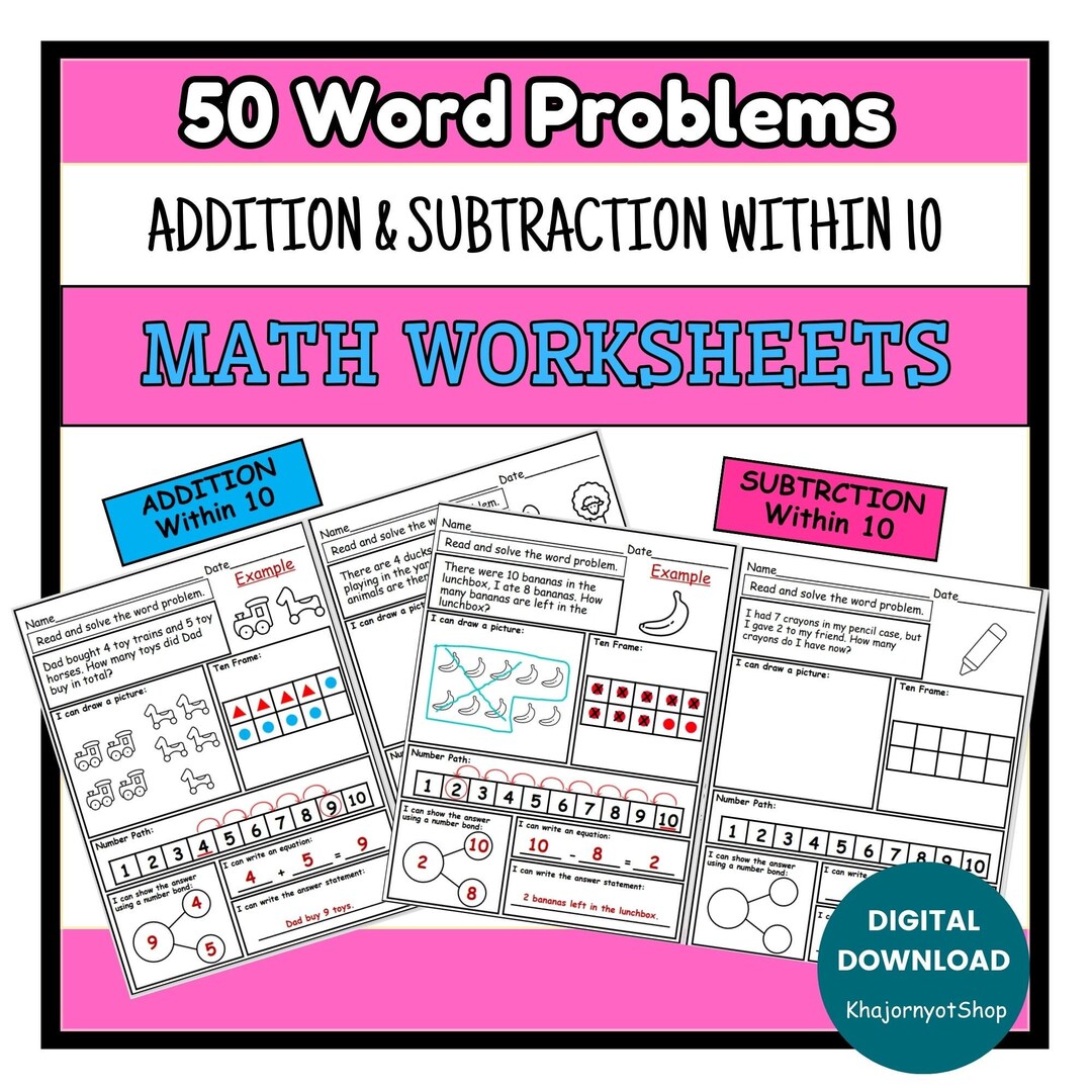 50 Kindergarten Addition and Substraction Word Problems Worksheets ...