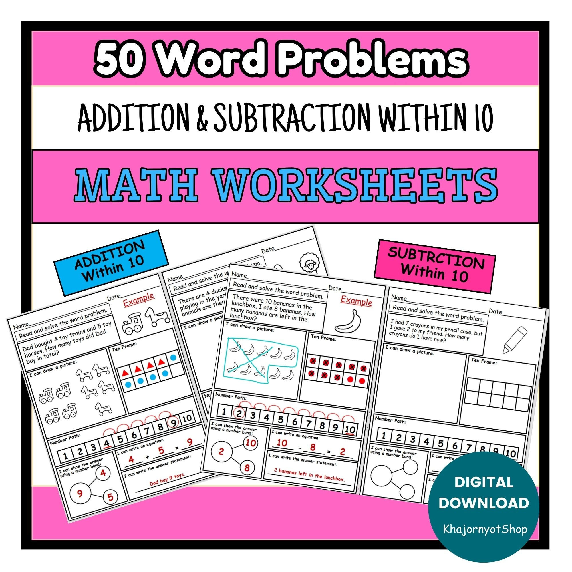 50 Kindergarten Addition and Substraction Word Problems Worksheets ...