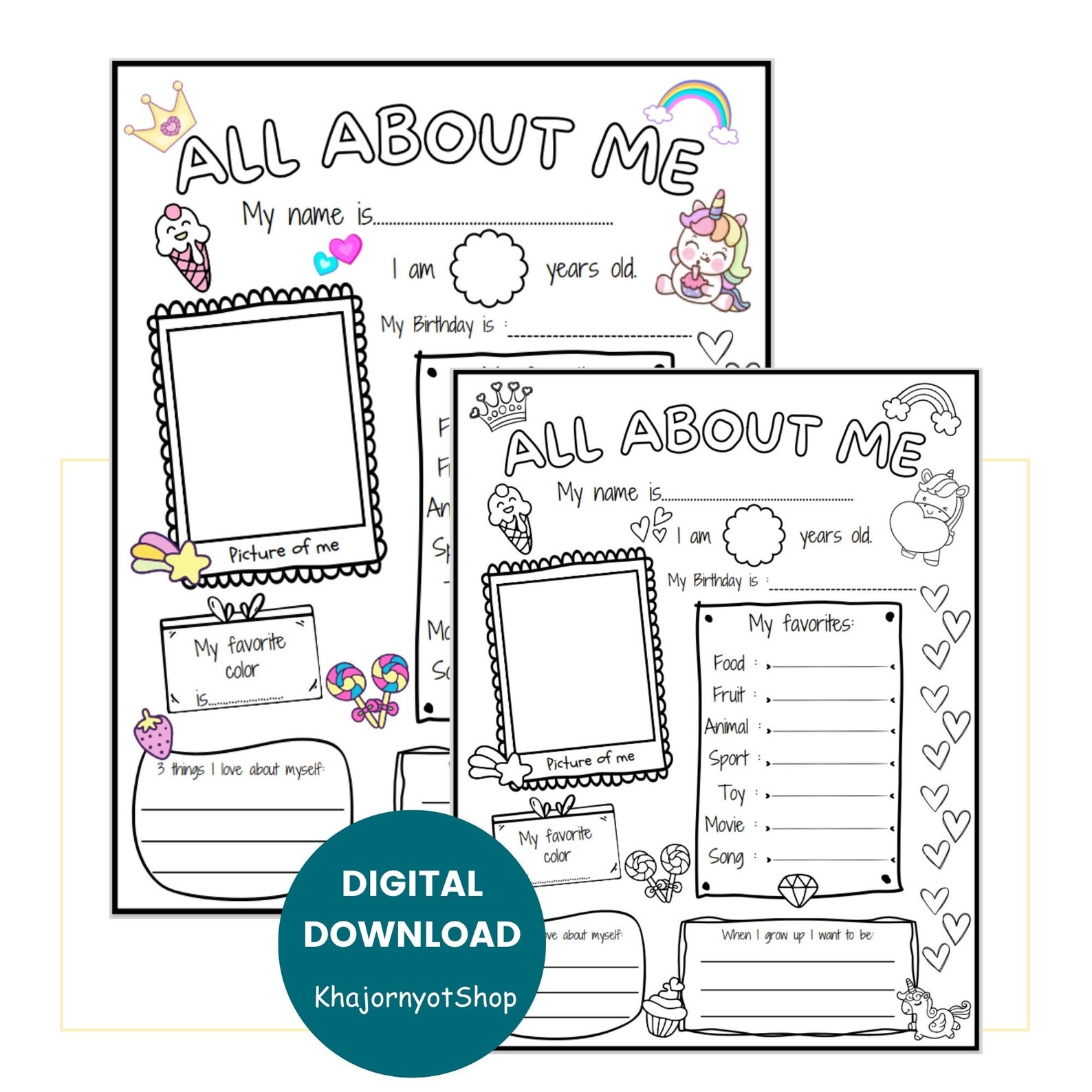 All About Me Unicorn Themed Girl Printable Activity, Preschool 1st ...