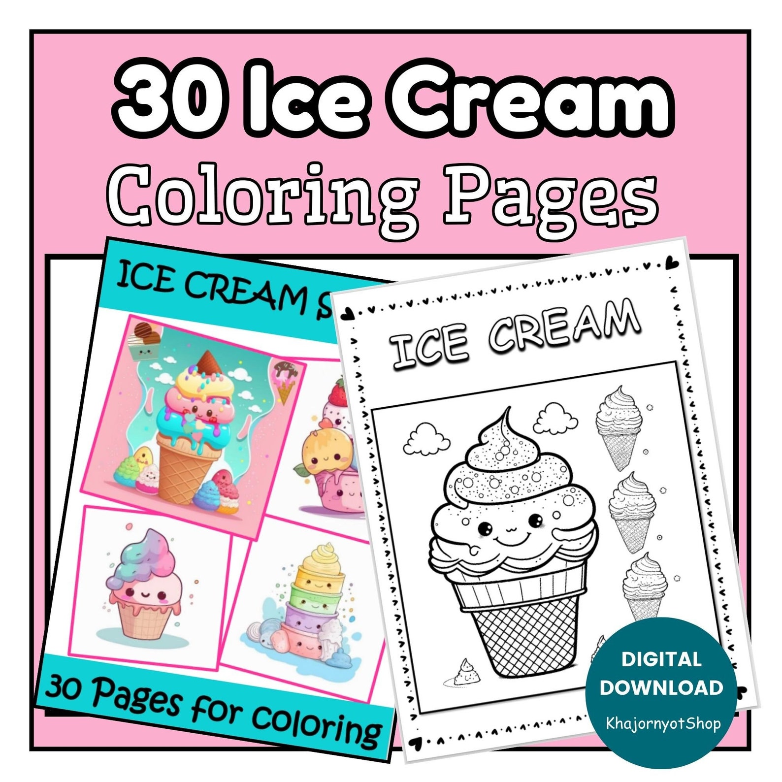 30 Kawaii Ice Cream Coloring Pages for Kids, Printable Kawaii Coloring ...
