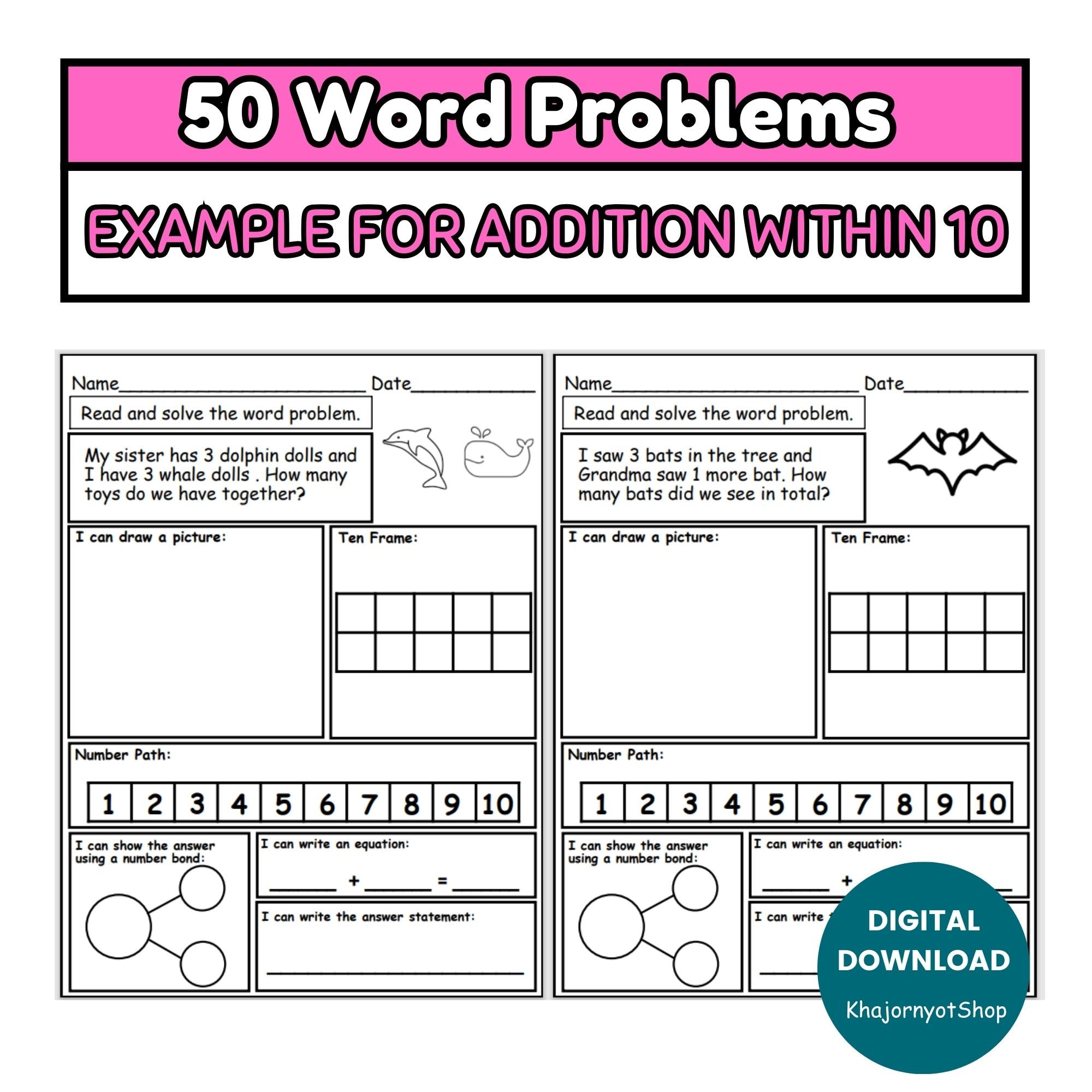 50 Kindergarten Addition and Substraction Word Problems Worksheets ...