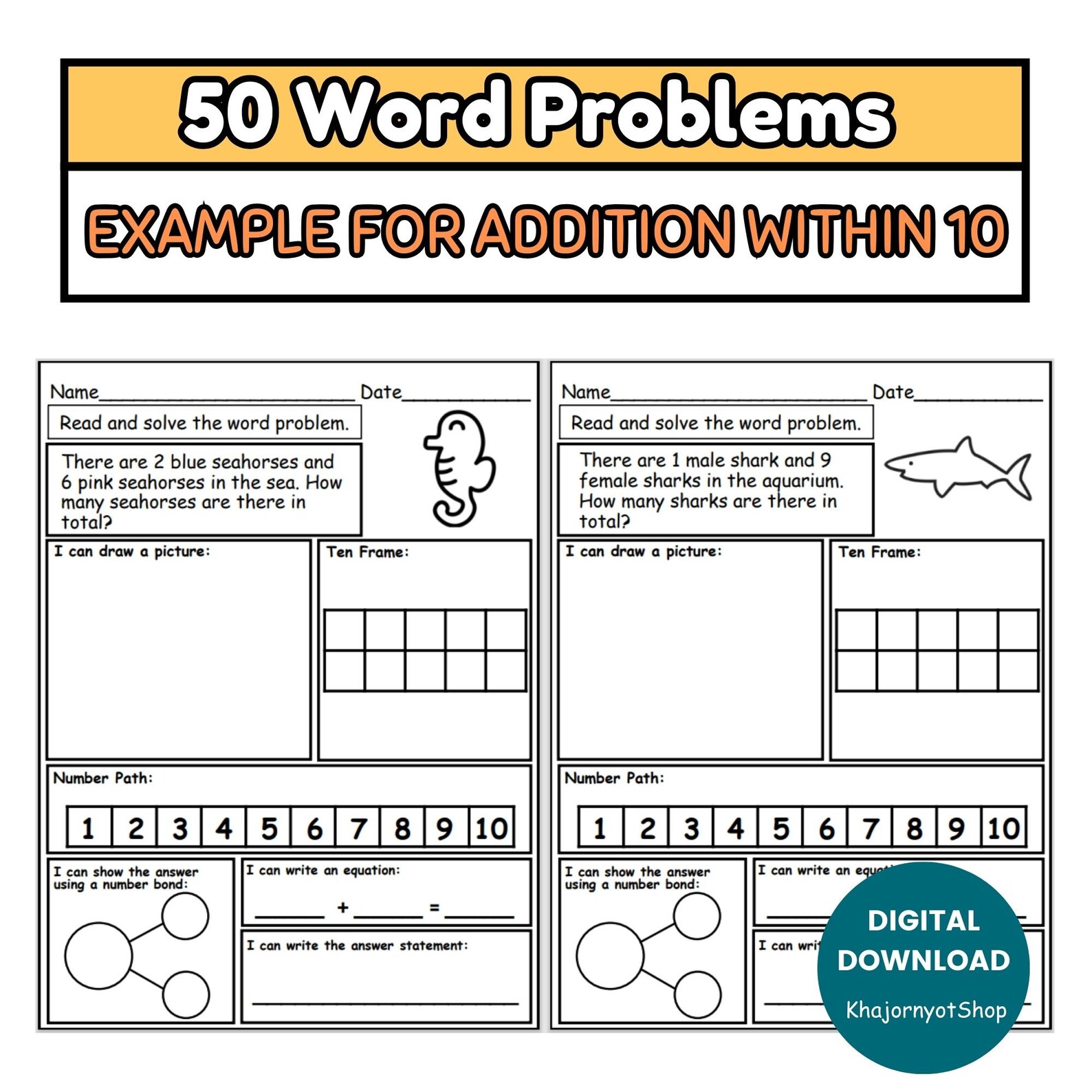 50 Kindergarten Addition Word Problems Worksheets Within 10, Homeschool ...