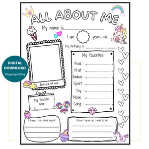 All About Me Unicorn Themed Girl Printable Activity, Preschool 1st ...