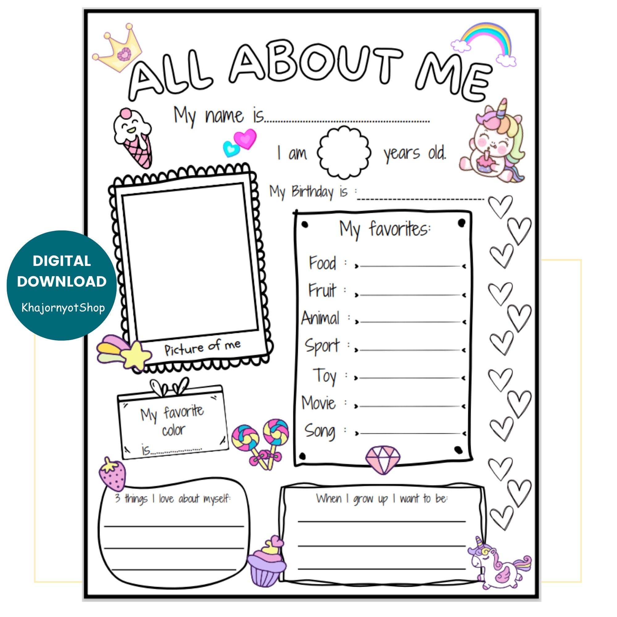 All About Me Unicorn Themed Girl Printable Activity, Preschool 1st ...