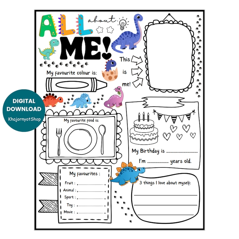 All About Me Dinosaur Themed Kids Printable Activity, Preschool 1st ...