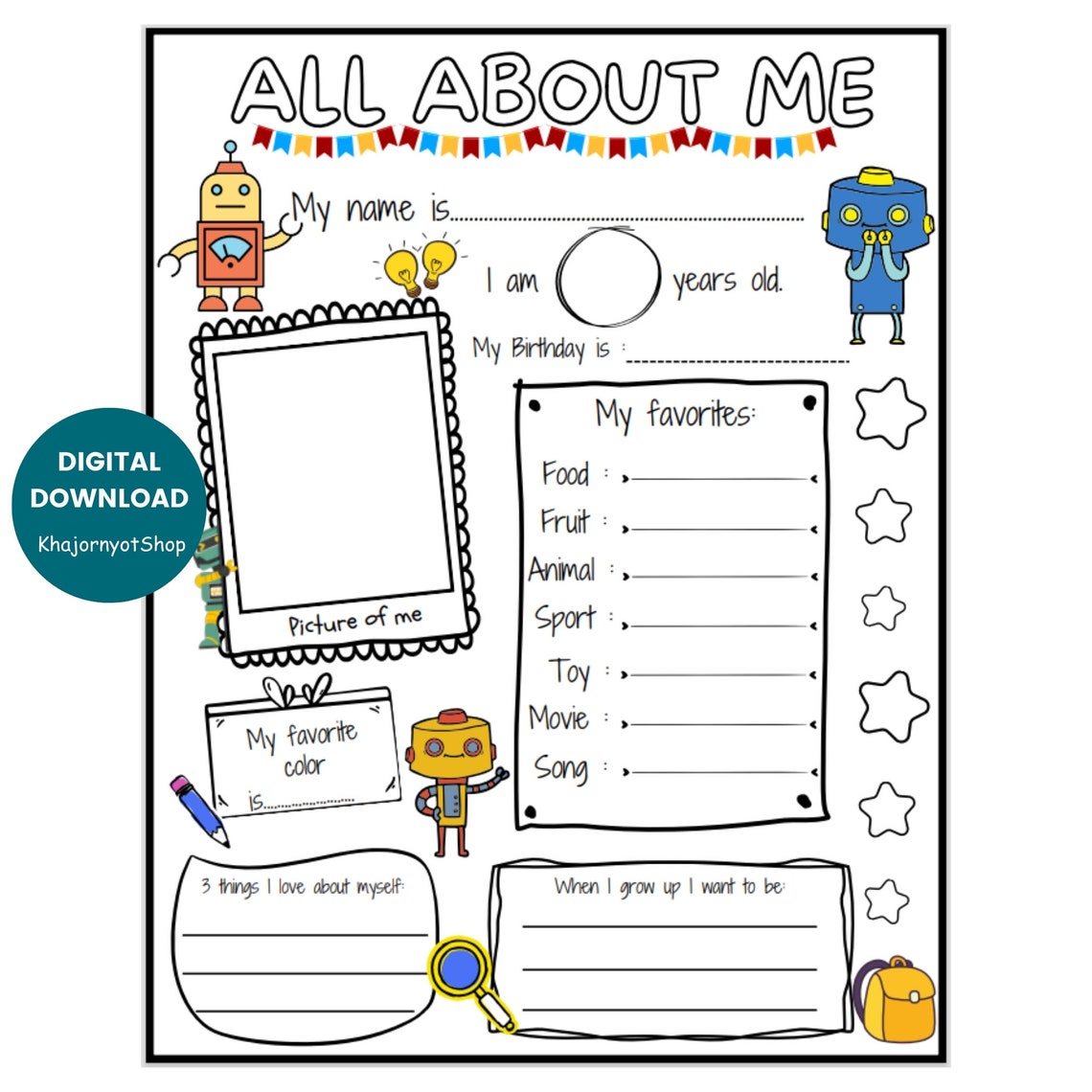 All About Me Robot Themed Boy Printable Activity, Preschool 1st First ...