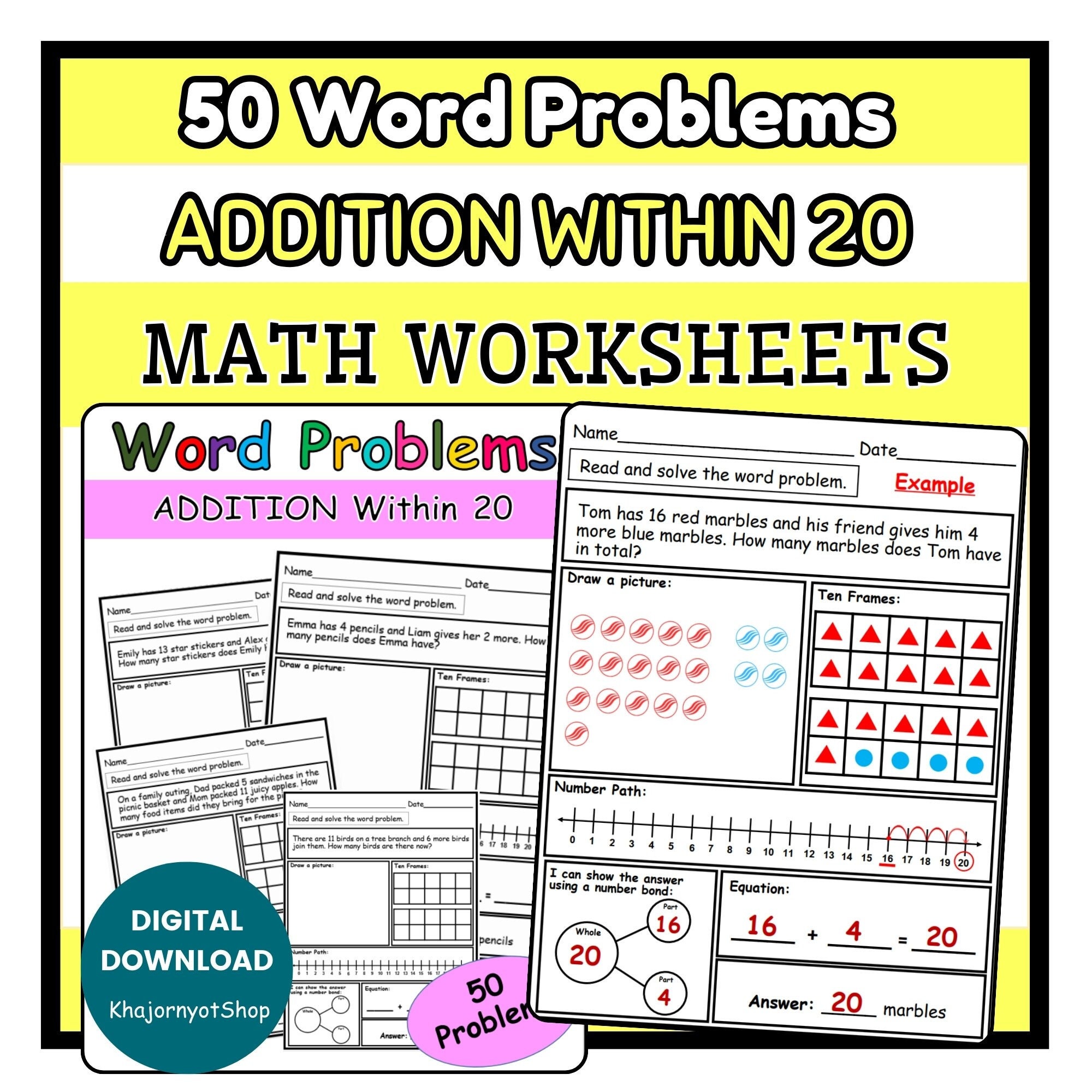50 Kindergarten Addition Word Problems Worksheets Within 20, Homeschool ...