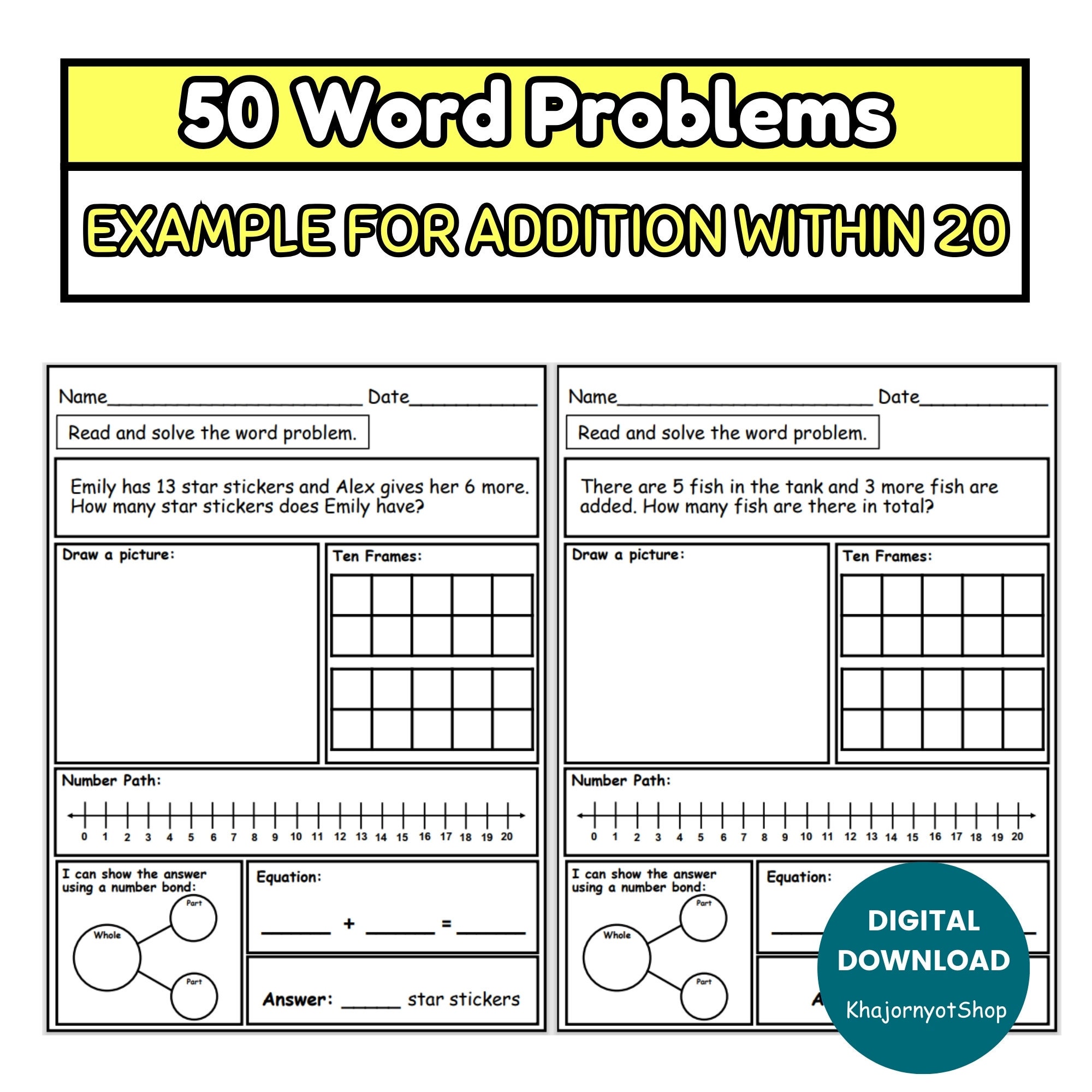 50 Kindergarten Addition Word Problems Worksheets Within 20, Homeschool ...
