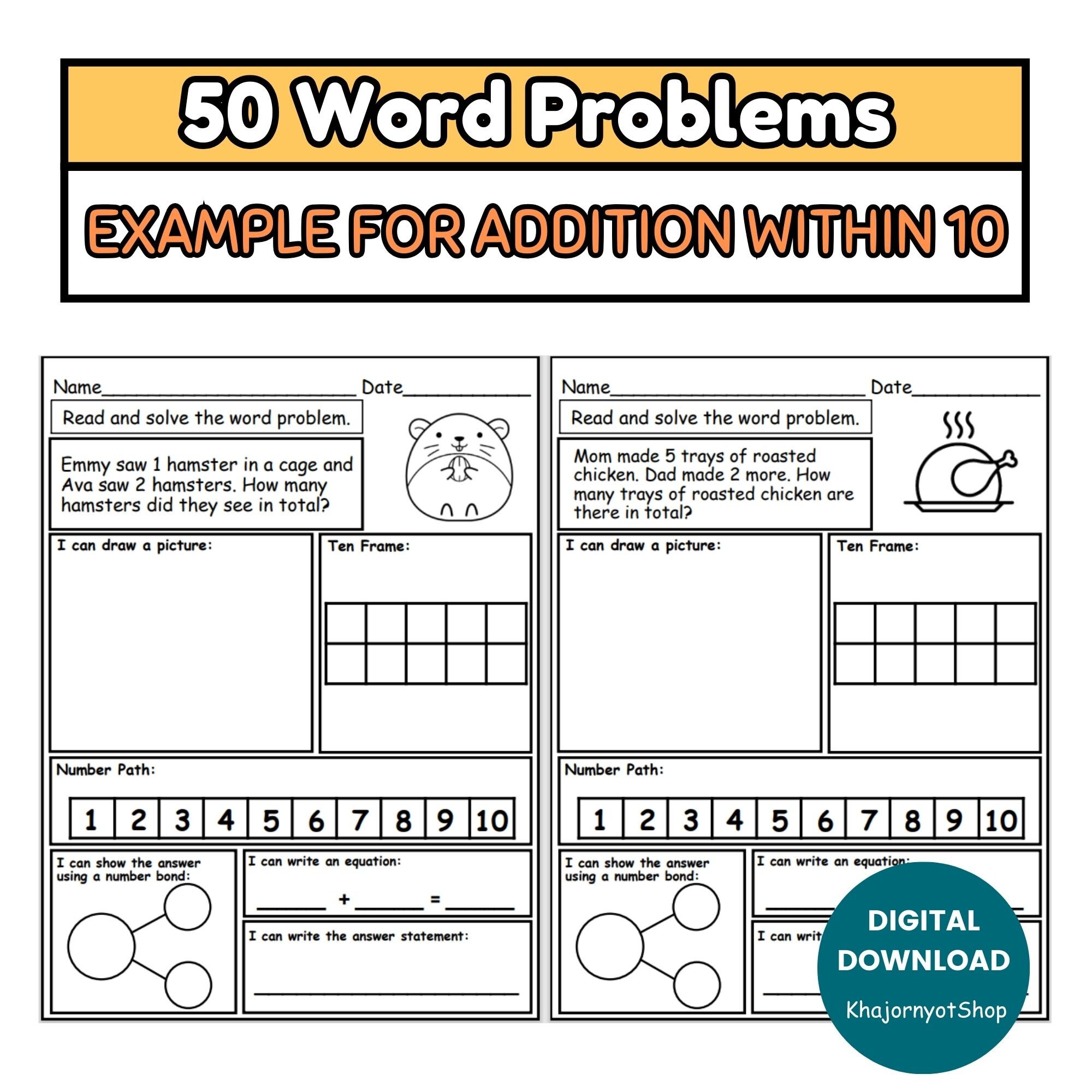50 Kindergarten Addition Word Problems Worksheets Within 10, Homeschool ...