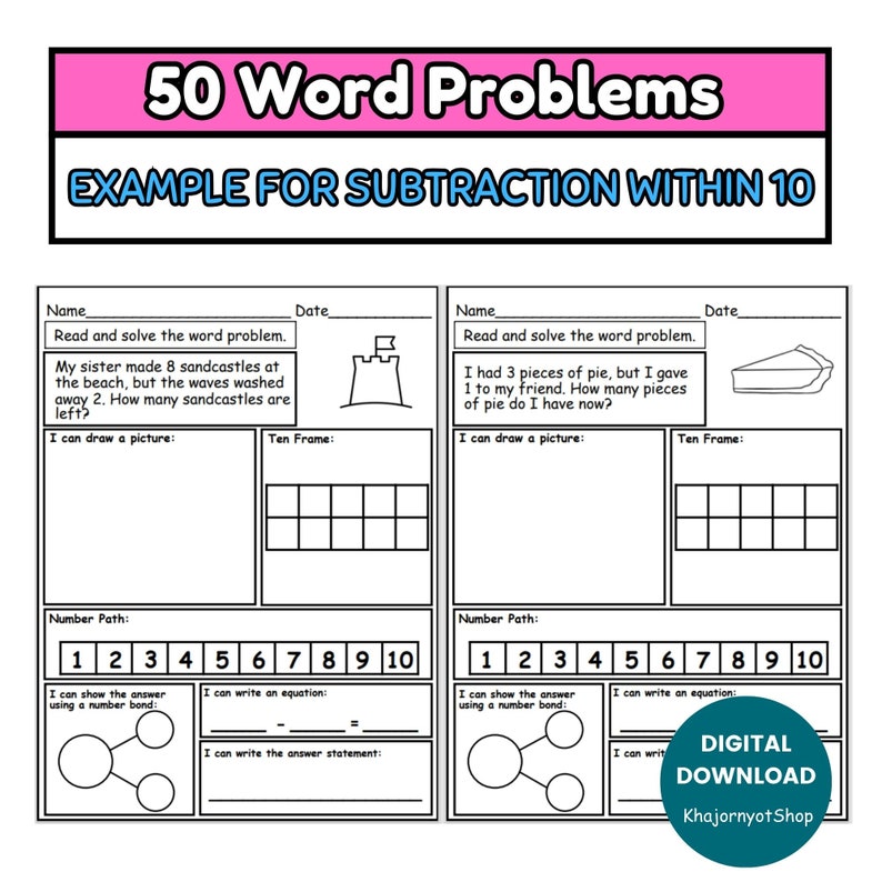50 Kindergarten Addition and Substraction Word Problems Worksheets ...