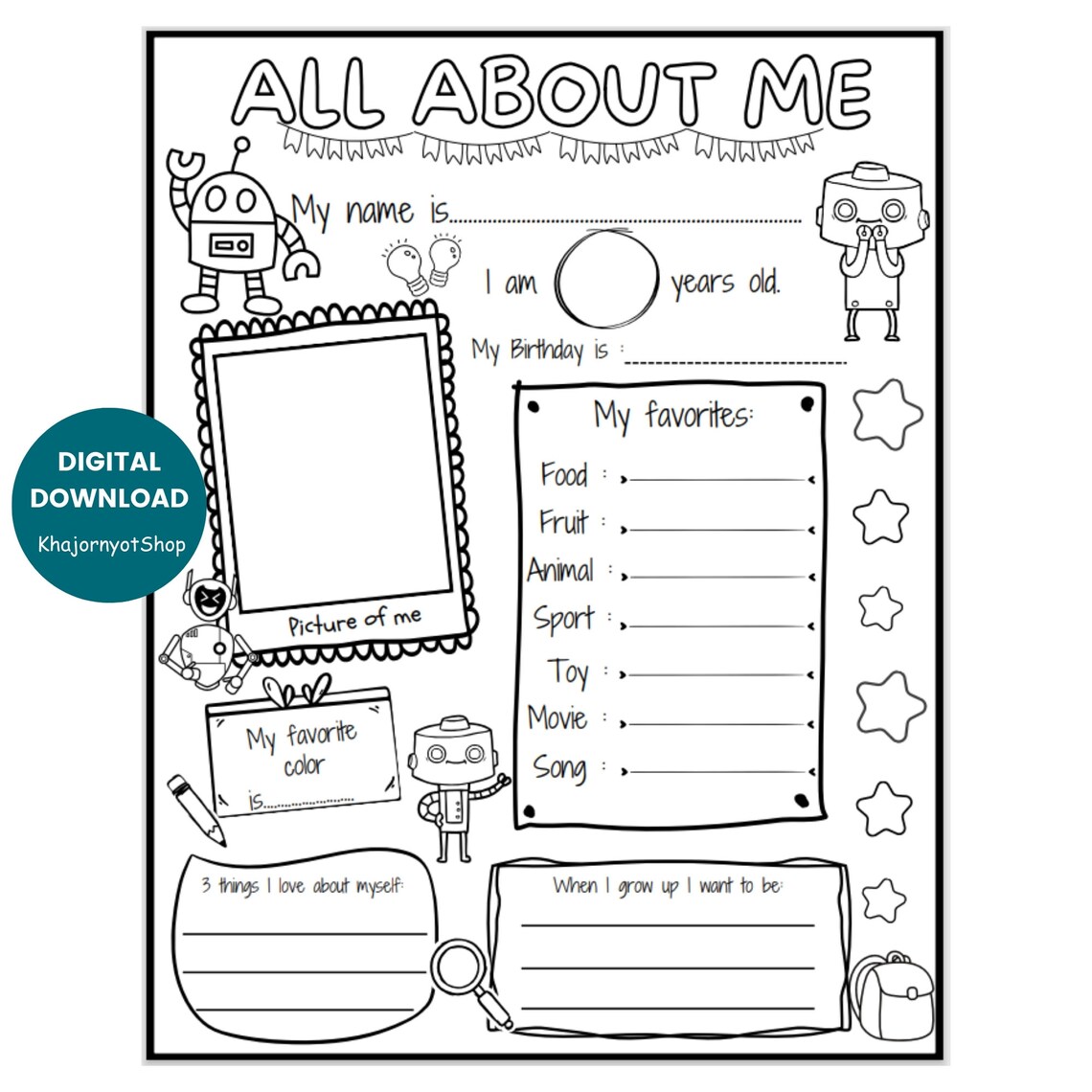 All About Me Robot Themed Boy Printable Activity, Preschool 1st First ...