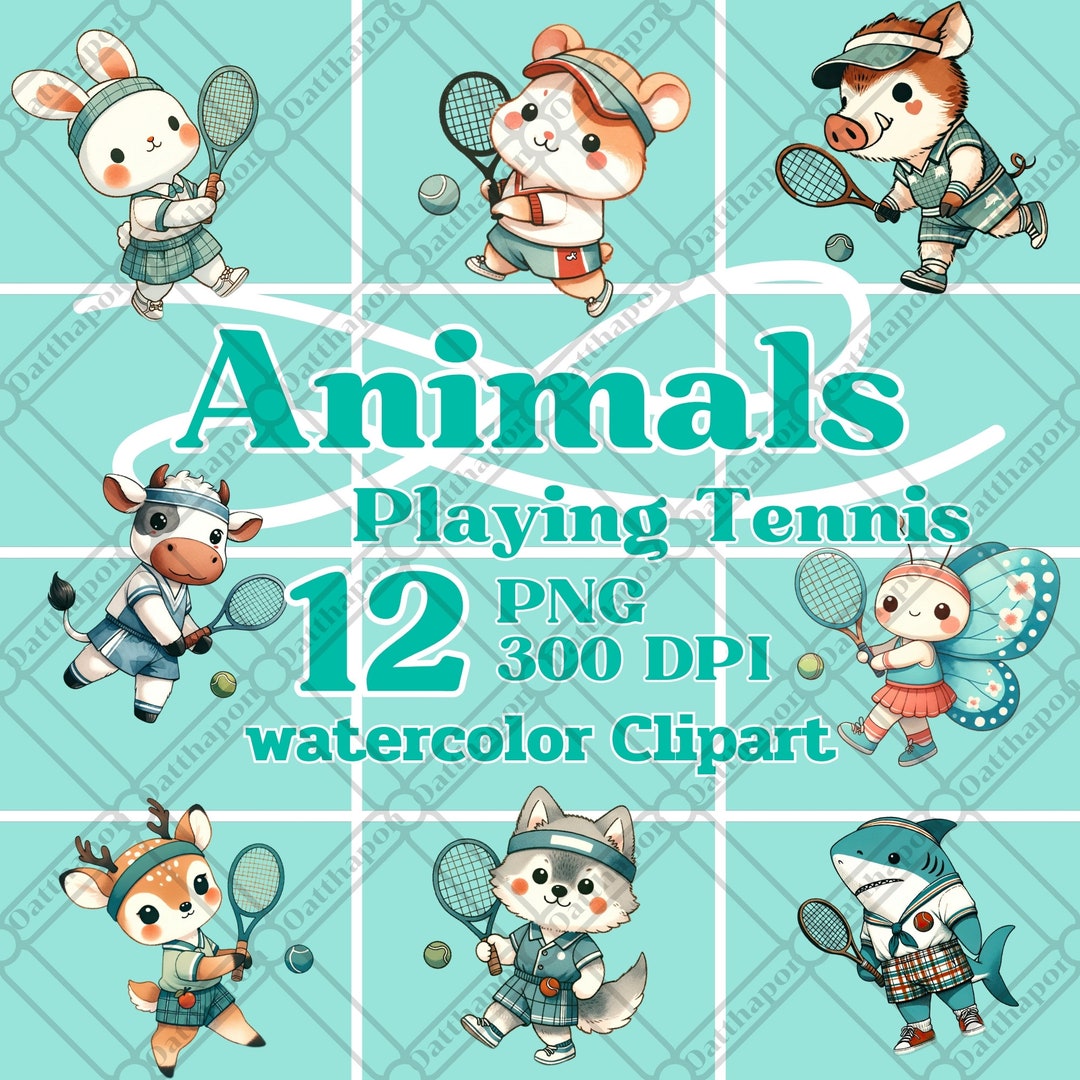 Watercolor Animals Playing Tennis Cute Clipart Sports Cow Lion Digital ...