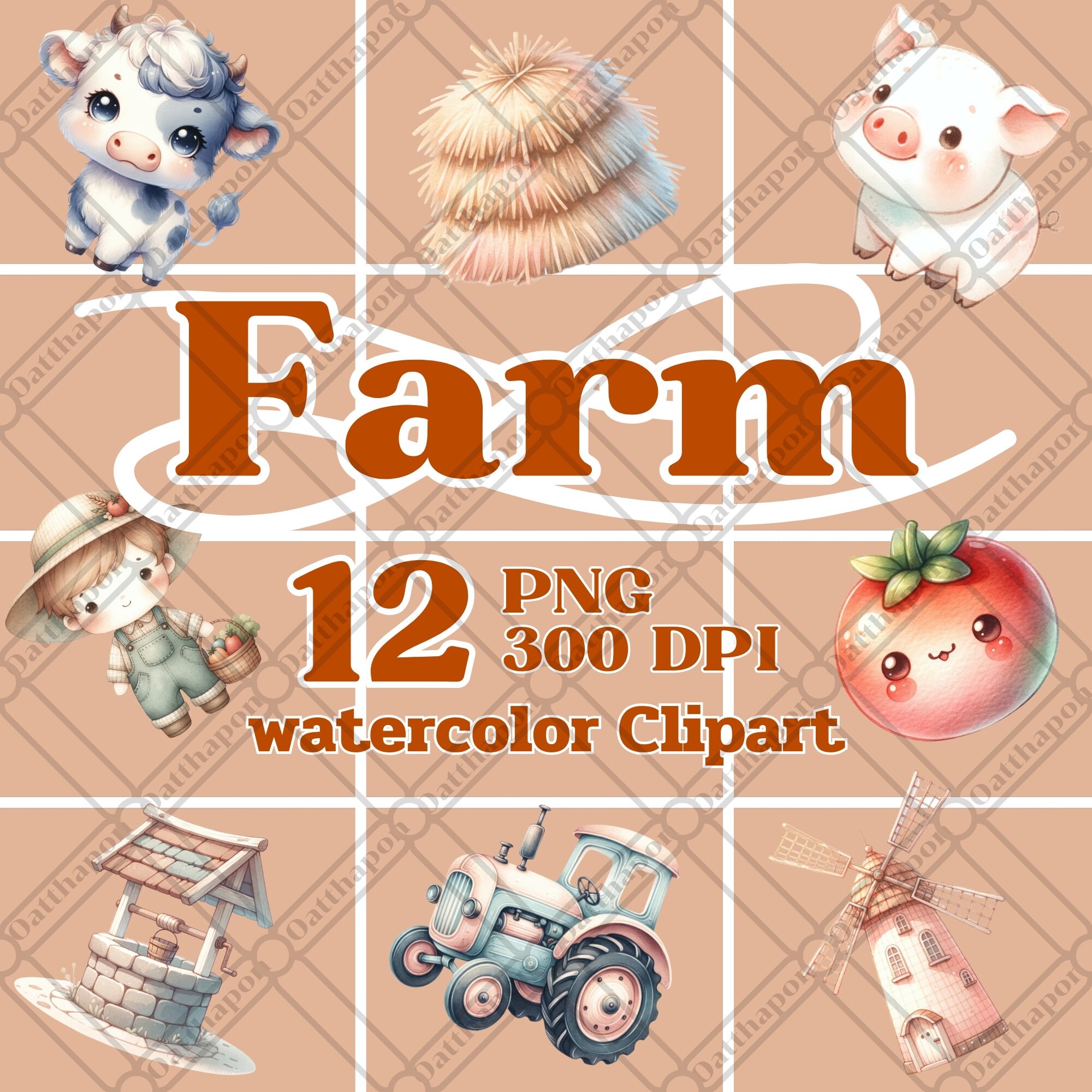 Cute Farm Clipart, Farm Animals Watercolor Digital Clipart, Farm ...