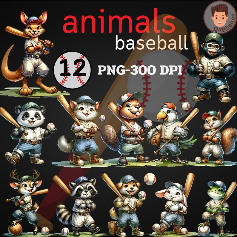 Watercolor Clipart Animals Playing Baseball - Etsy