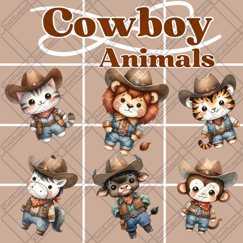 Watercolor Clipart Cowboy Animals, Digital Download, Clipart Bundle ...