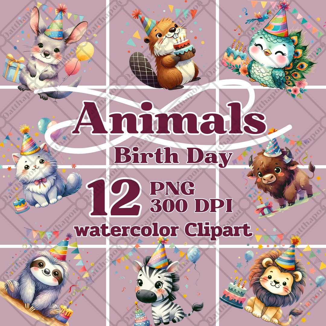 Watercolor Clipart, Animals Birthday, PNG Party Cake Present Balloons ...