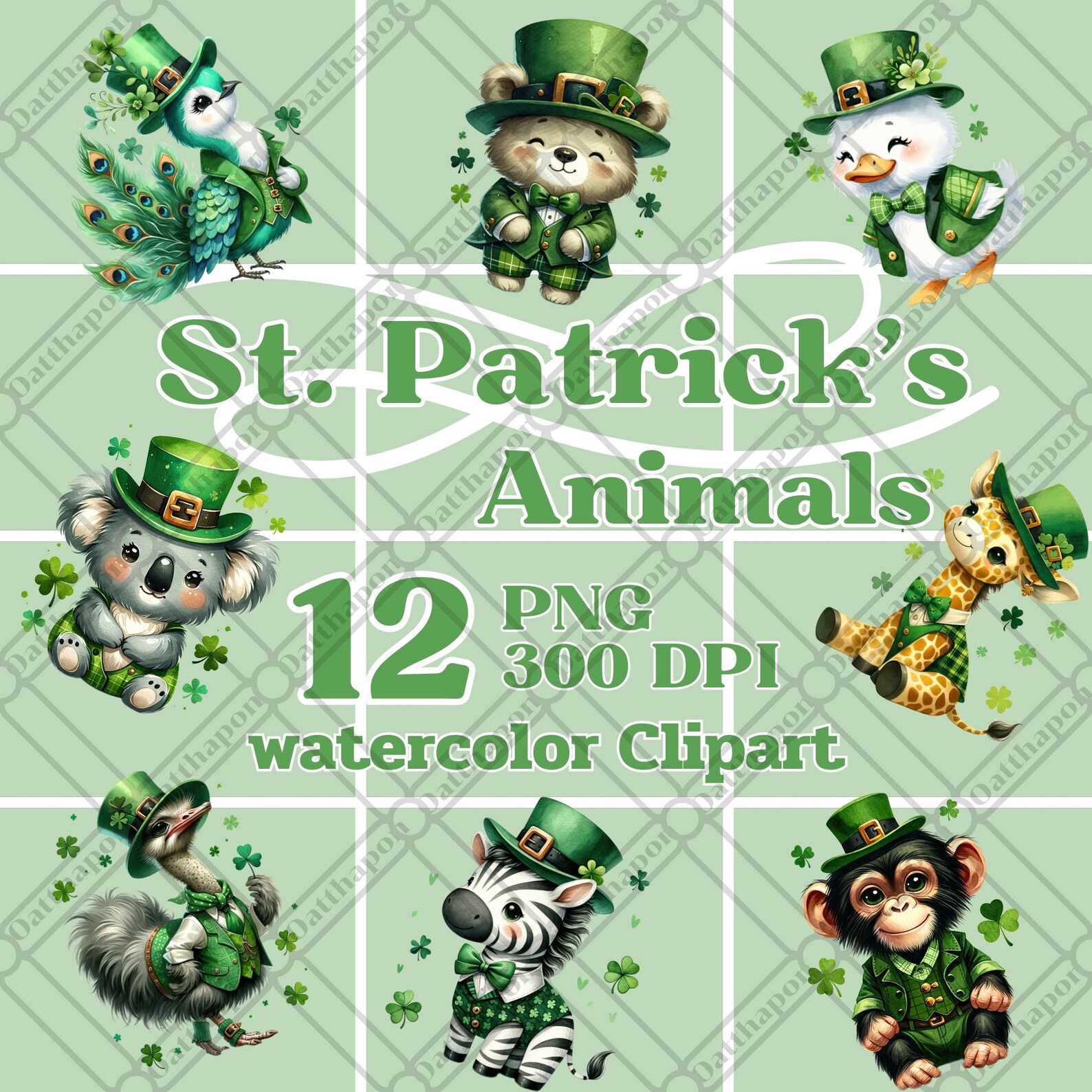 Watercolor Saint Patricks, Animals Clipart, 12 PNG, Festive Animals, St ...
