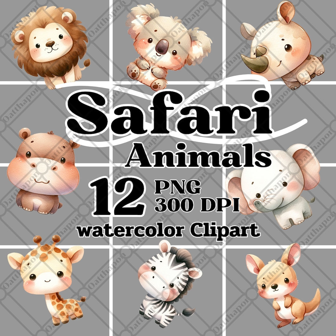 Watercolor Safari Cute Animals Clipart Digital Download Png Lion ...