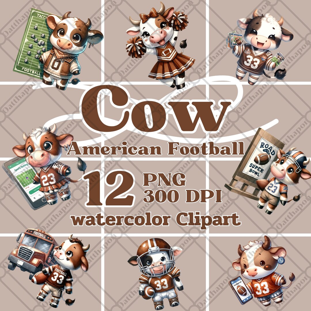 Watercolor Clipart, Cow American Football, Digital Download, Sports ...