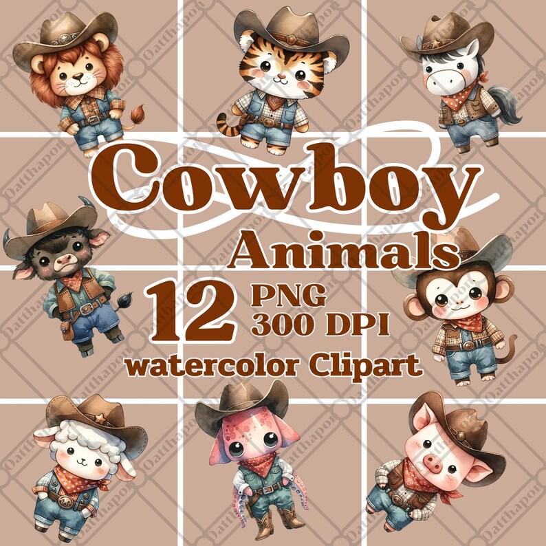 Watercolor Clipart Cowboy Animals, Digital Download, Clipart Bundle ...