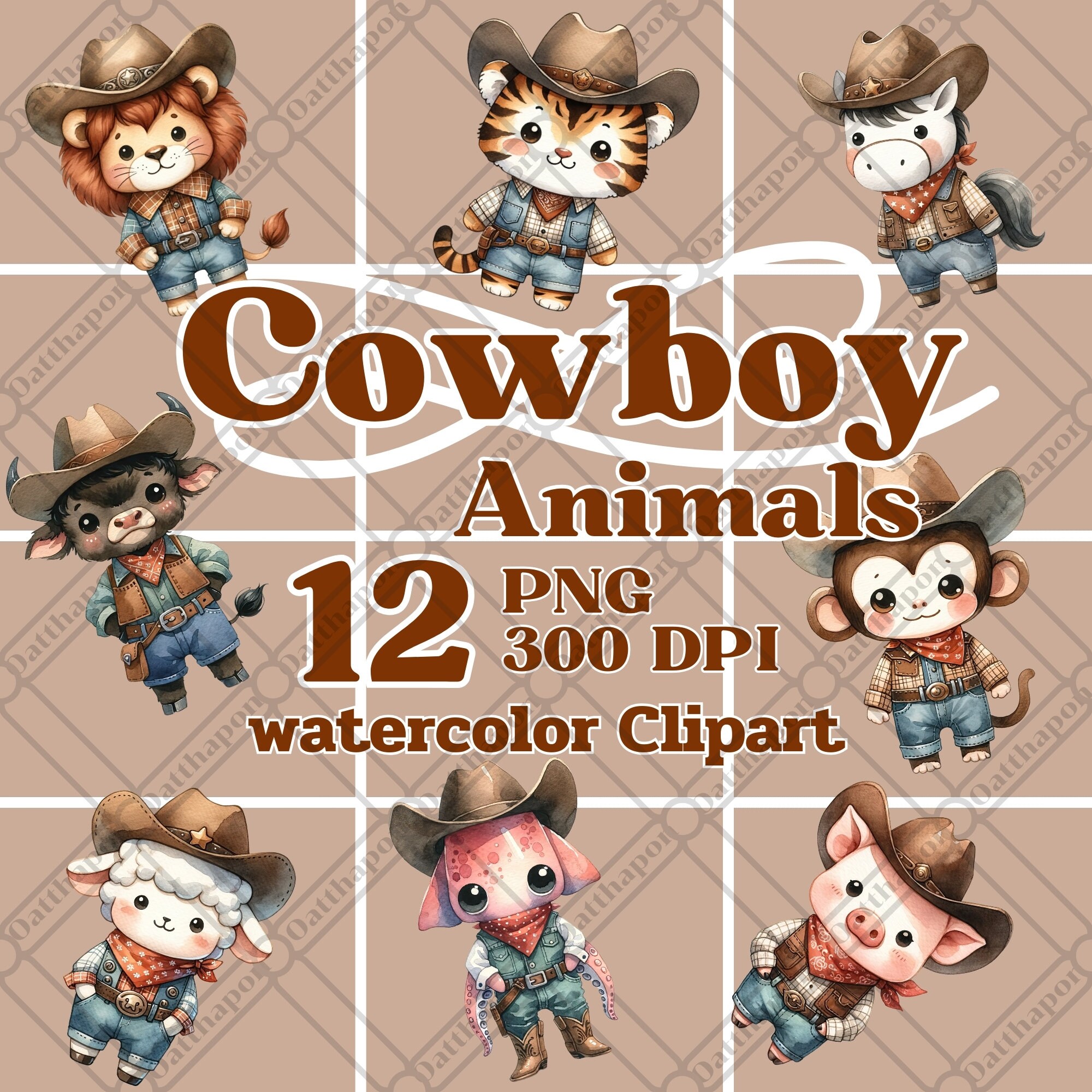 Watercolor Clipart Cowboy Animals, Digital Download, Clipart Bundle ...